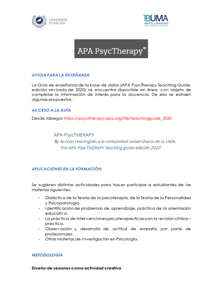 Aplicaciones de la bdd PsycTherapy | PDF | Psicoterapia | Conceptos ...