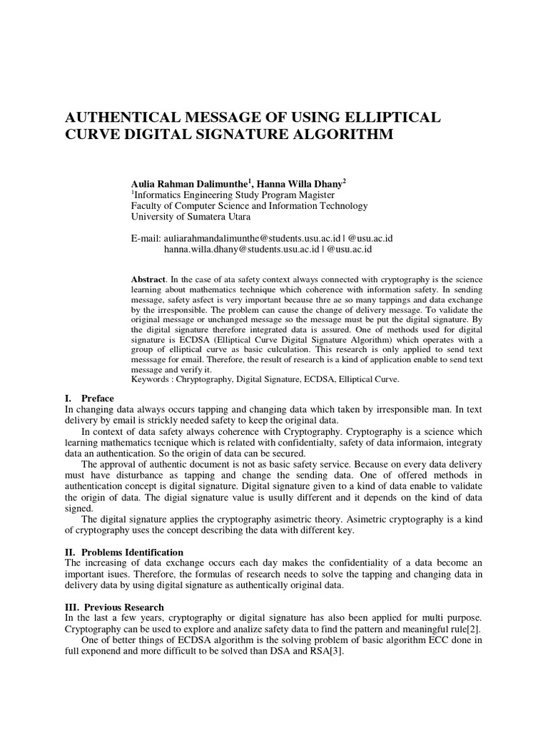 Authentical Message Of Using Elliptical Curve Digital Signature Algorithm Pdf Cryptography