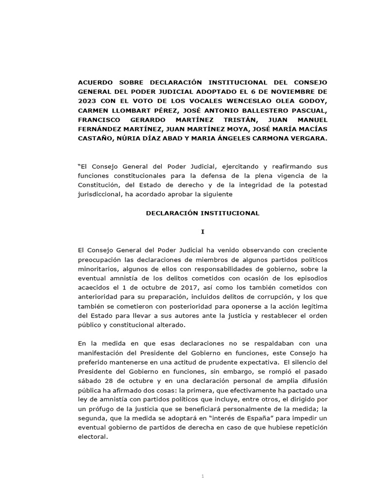 Declaración Del Consejo General Del Poder Judicial Contra La Amnistía ...