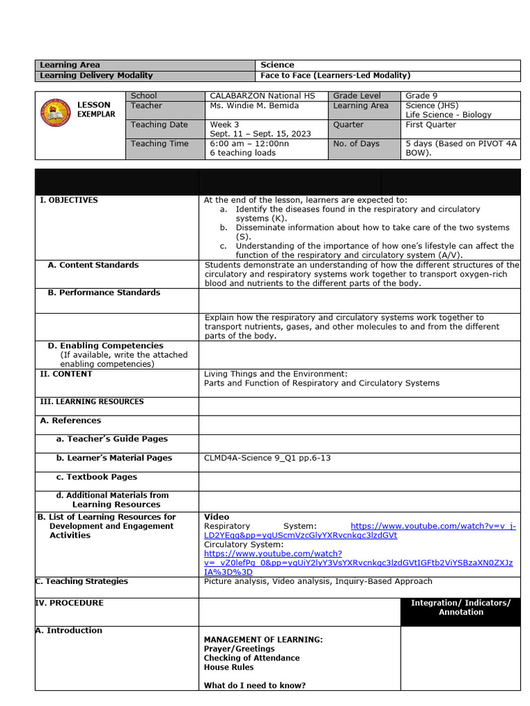 Lesson Plan For Grade 9 Science Quarter 1 Week 3 | Download Free PDF | Learning | Teachers