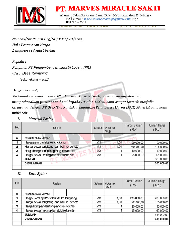Surat Penawaran Harga Pasir & Bt. Split PT - Sino HIDRO | PDF