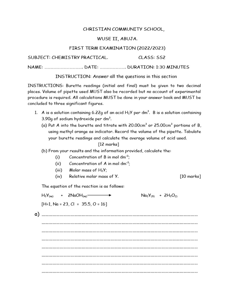 SS2 First Term Chemistry Practical Exam | PDF | Titration | Chemistry