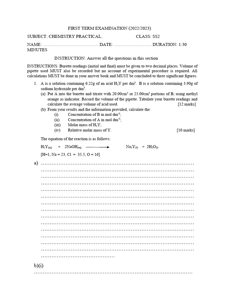 SS2 Chemistry Practical Exam 2022/23 | PDF | Titration | Chemistry