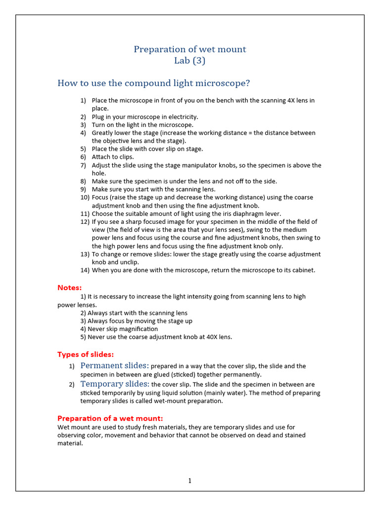 Lab-3 Wet Mount Preparation | PDF | Lenses | Microscopy