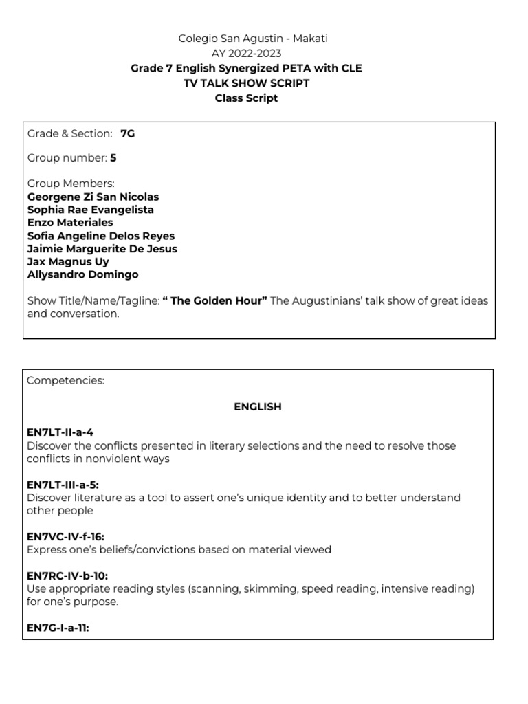 7G Group 5 TV Talk Show Script PDF Angel God