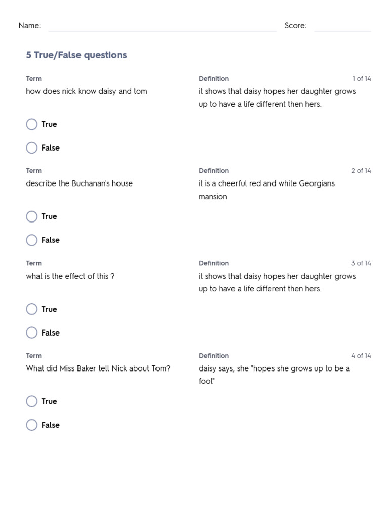 Test The Great Gatsby Student Workbook CHAPTER ONE | PDF | The Great Gatsby