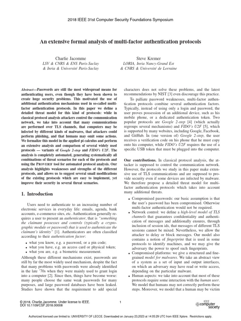 An Extensive Formal Analysis of Multi Factor Authentication Protocols | PDF | Password ...