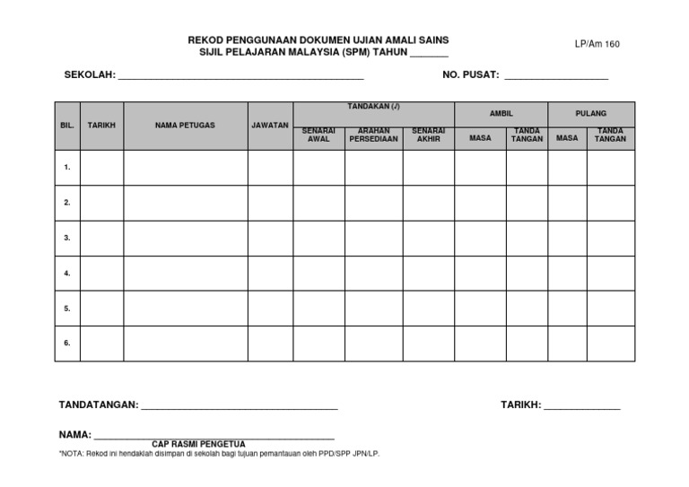 REKOD PENGGUNAAN DOKUMEN UJIAN AMALI SAINS LP Am160 | PDF