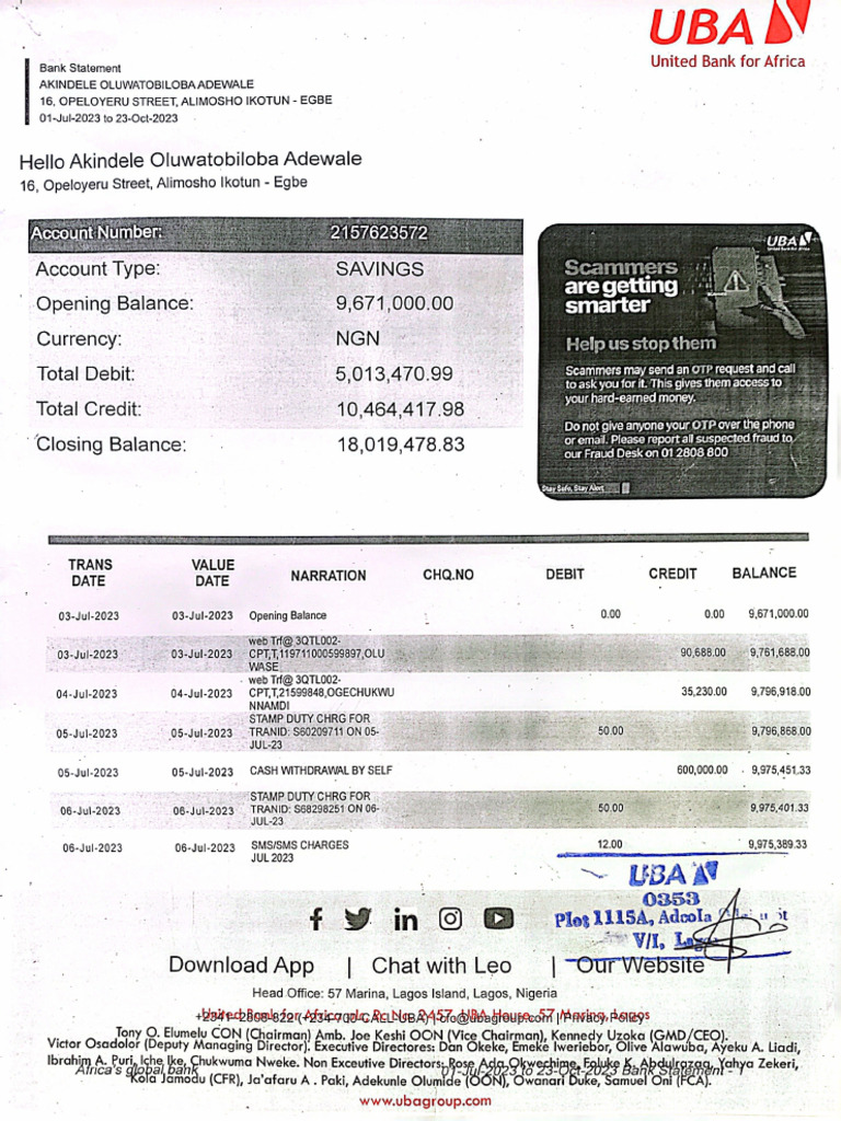 UBA Bank Statement | PDF