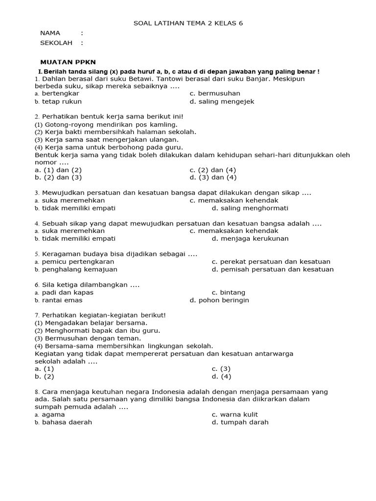 Soal SBDP Kelas 6 Semester 1 (Tema2) 2021 Soal Full | PDF