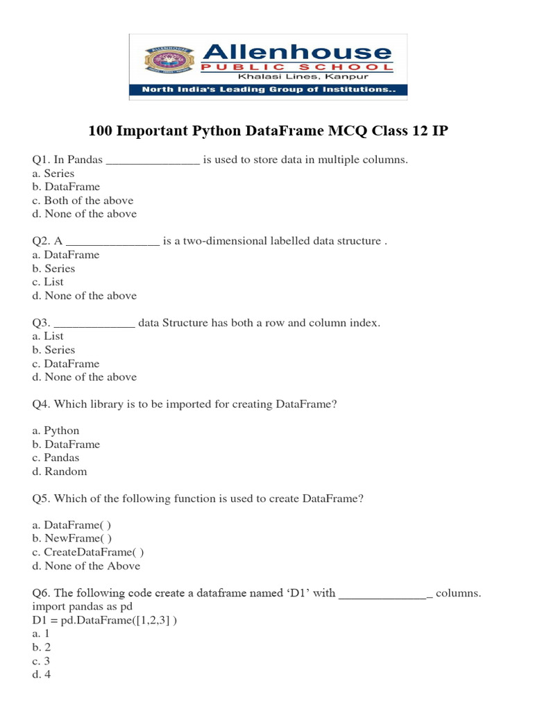 100 Important Python Dataframe MCQ Class 12 IP | PDF | Comma Separated Values | Computer Programming