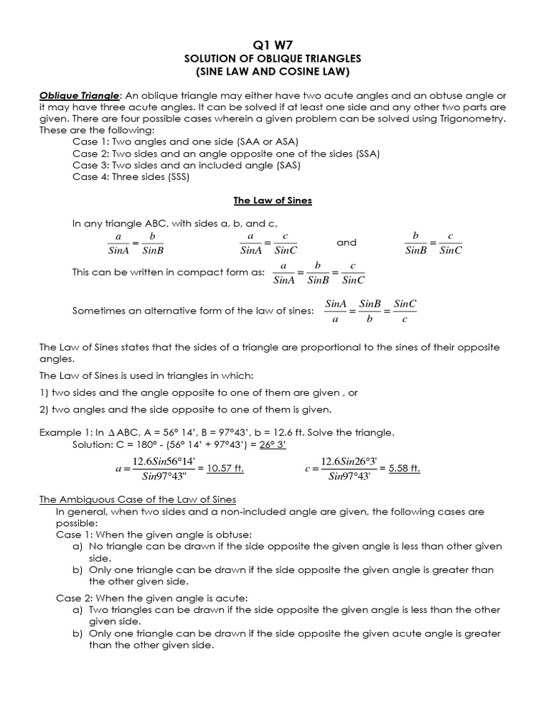 Solving Oblique Triangles: Sine & Cosine Laws | PDF | Triangle ...