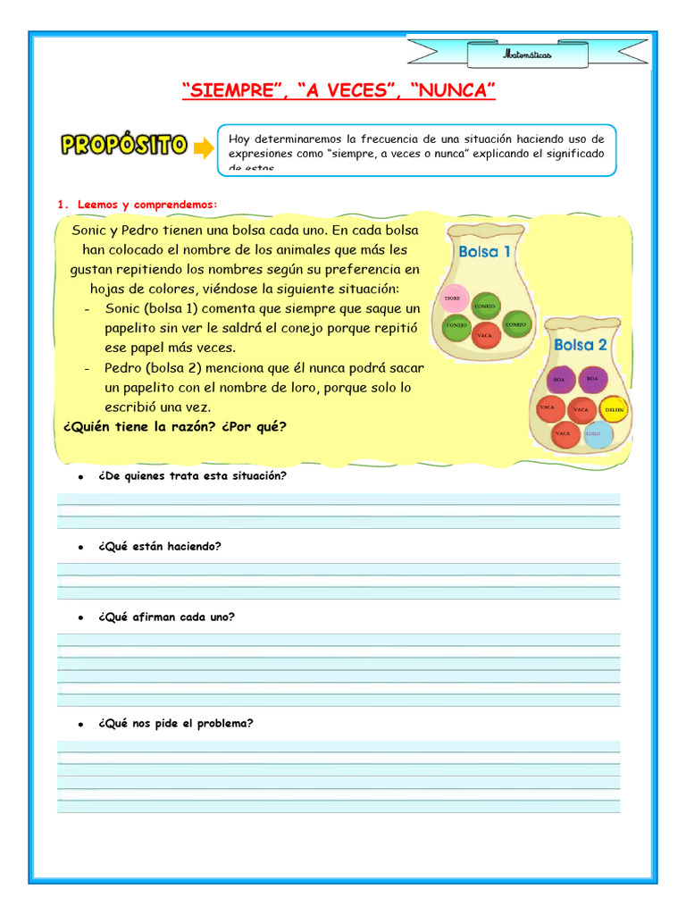 E9 S3 Ficha D4 Mat Siempre A Veces Nunca | PDF | Cognición