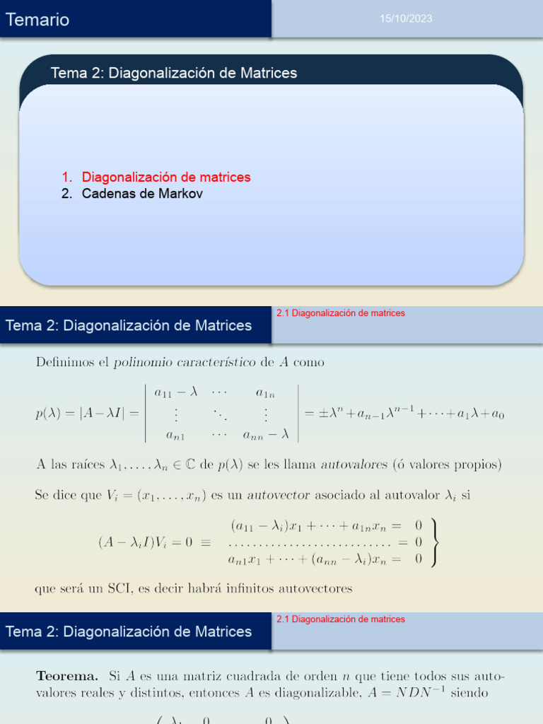 Diagonalización y Cadenas Markov | PDF | Métodos y materiales de enseñanza | Ciencia y matemáticas