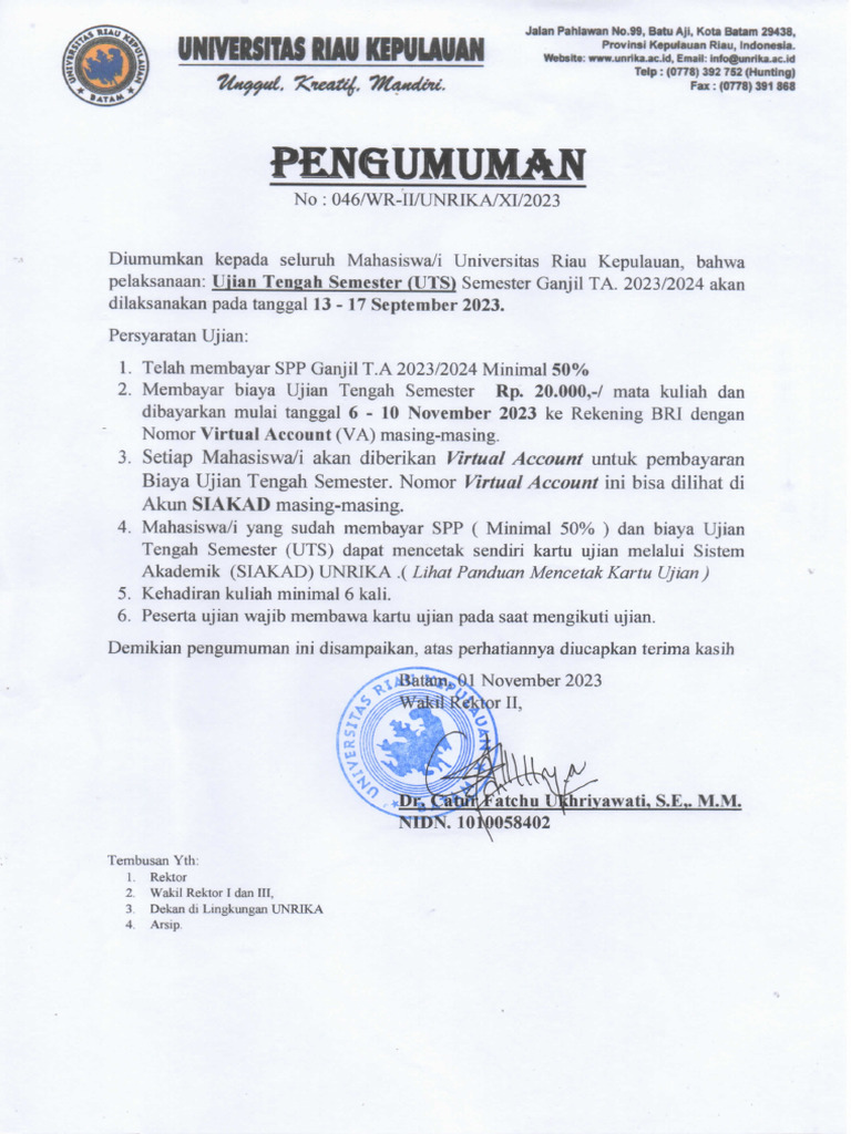 Kl-046-Wrii-pengumuman Biaya Ujian Tengah Semester (Uts) Ta.2023.2024 | PDF