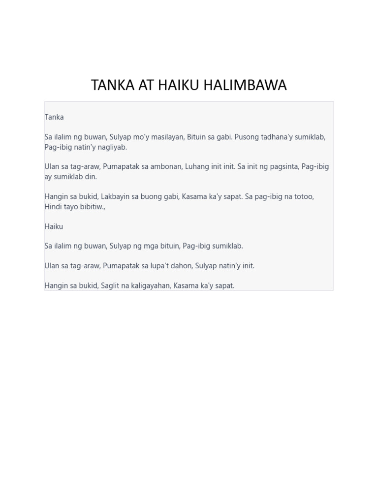 Tanka at Haiku Halimbawa | PDF