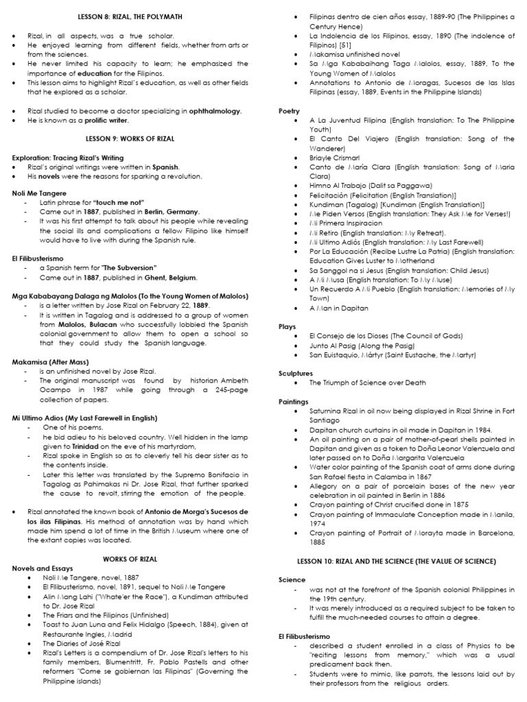Rizal Lesson 8: Rizal, The Polymath - Lesson 11: The Art of Rizal Summary | PDF