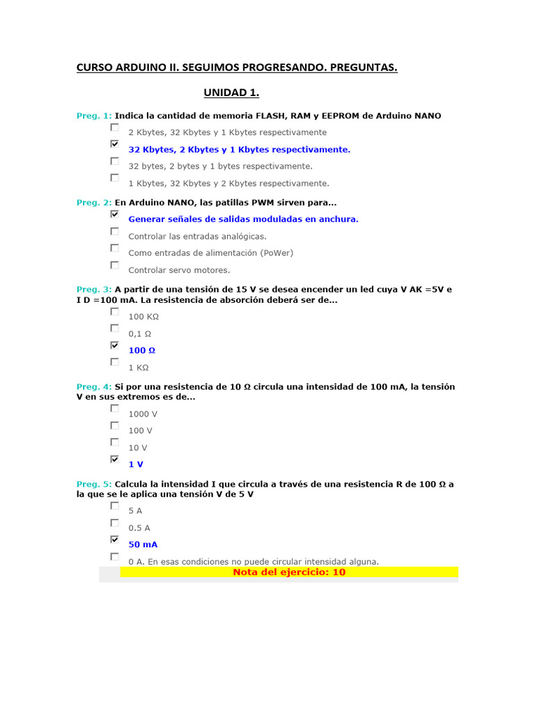 Curso Arduino II. Preguntas. Unidad 1. | PDF Curso Arduino II. Preguntas. Unidad 1. | PDF