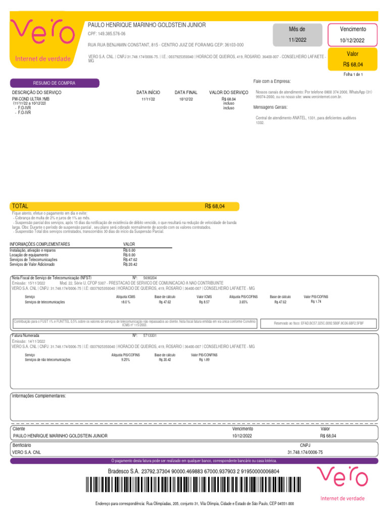 Fatura Vero | PDF | Business