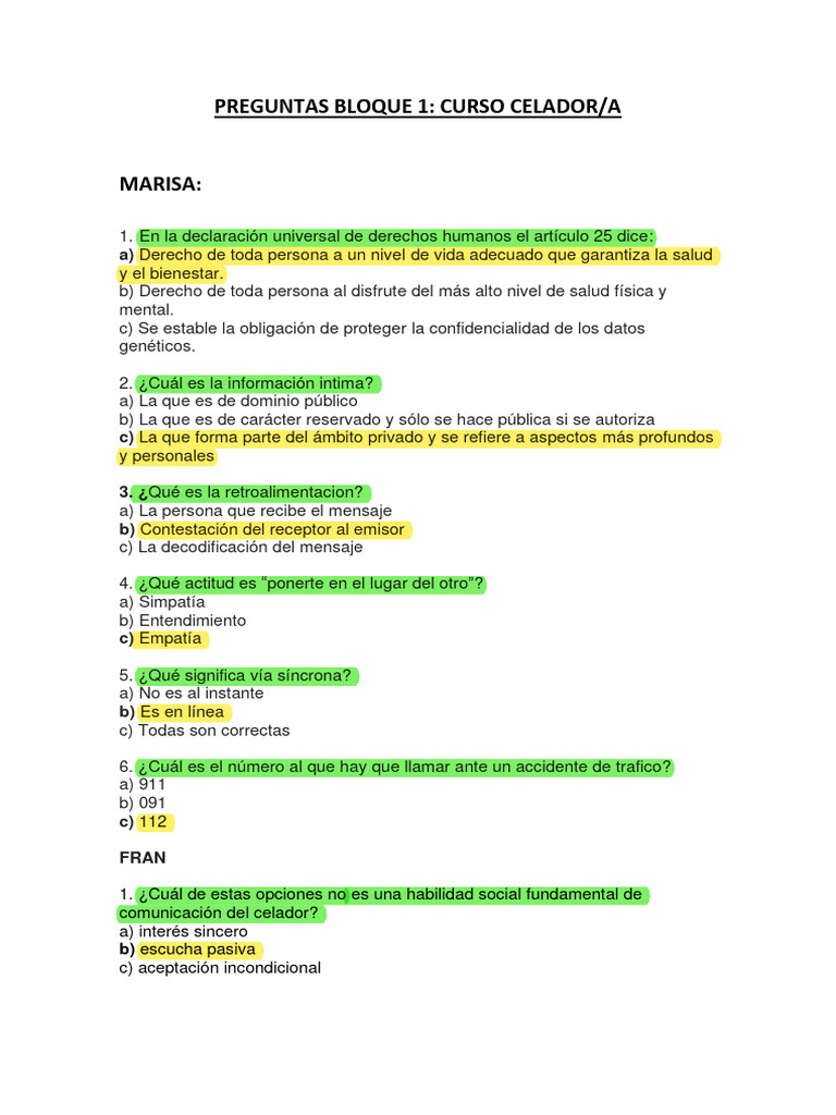 Preguntas Bloque 1 Celador | PDF | Comunicación | Comunicación no verbal