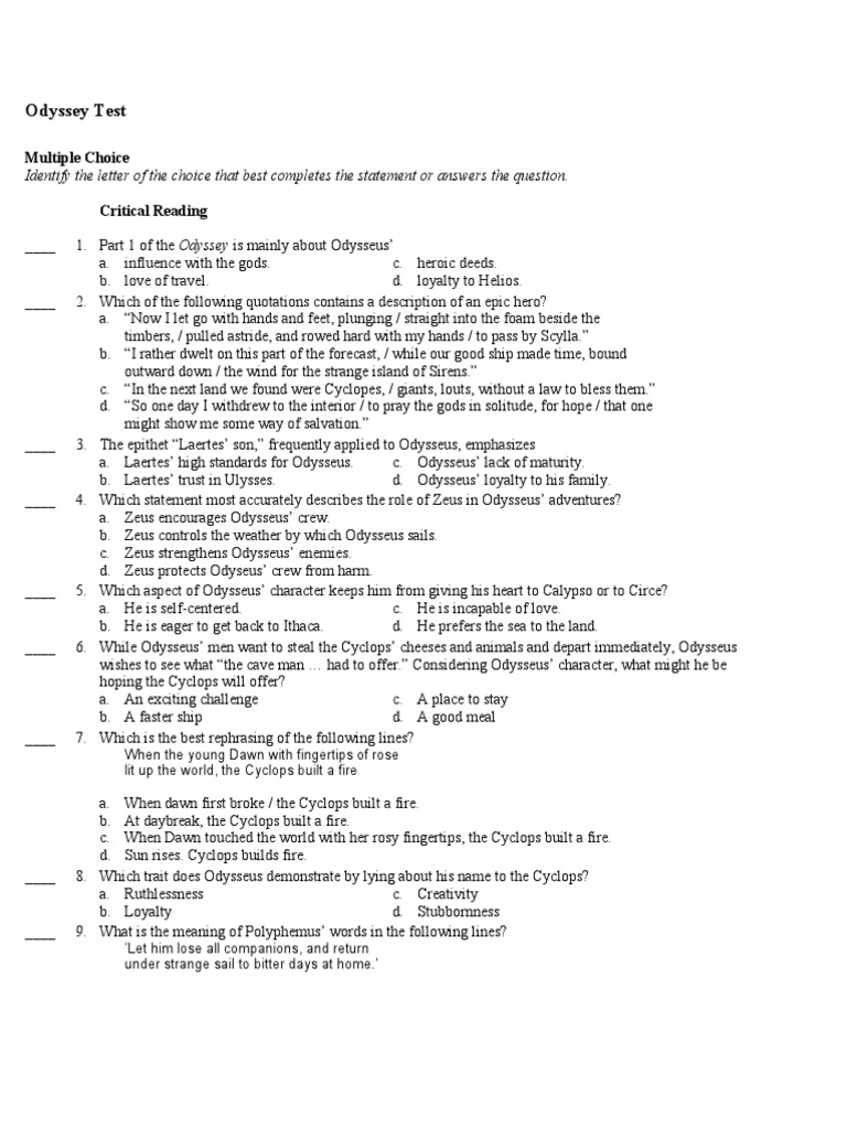 Odyssey Test Exhaustive | PDF | Odyssey | Penelope