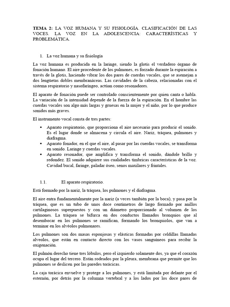 TEMA 2. La Voz Humana y Su Fisiología. Clasificación de Las Voces. La Voz en La Adolescencia ...