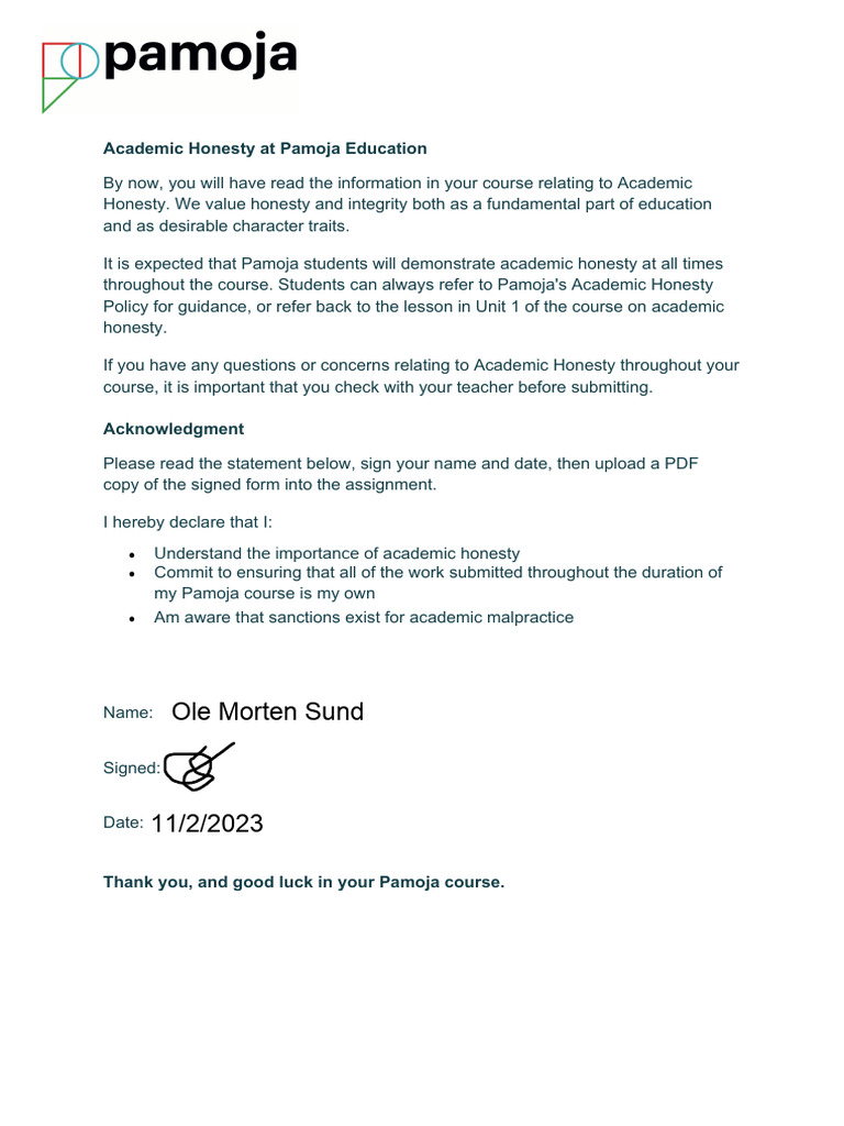 Academic Honesty Form | PDF