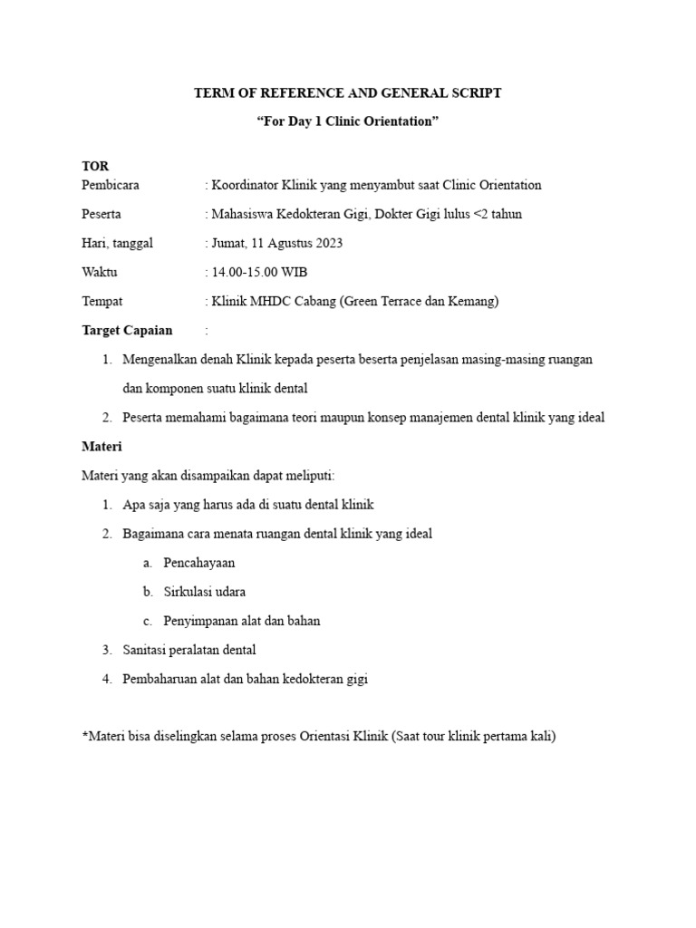 TOR and General Script For Clinic Orientation | PDF
