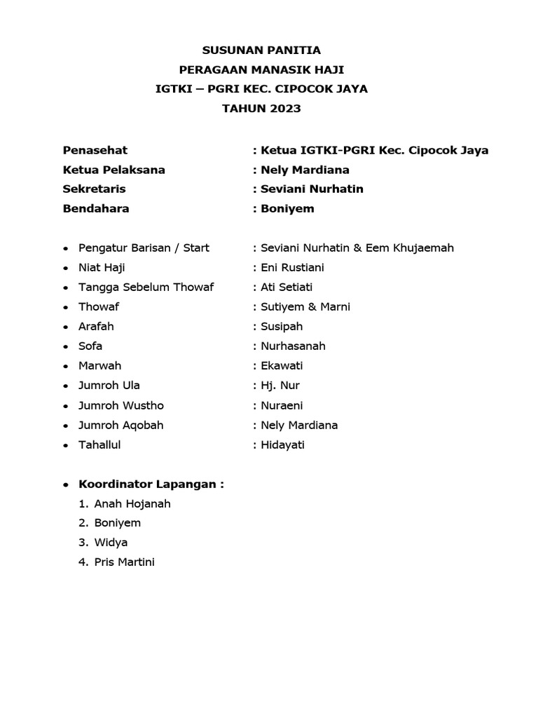 Susunan Panitia Manasik Haji 2023 | PDF