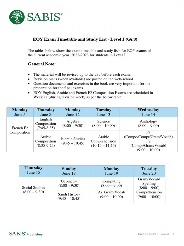 EOY Exam Schedule for Level J Students | PDF | Science