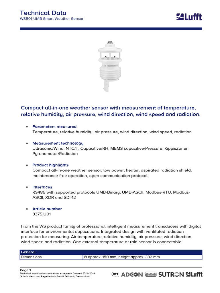 WS501-UMB Smart Weather Sensor Data | PDF | Sensor | Wind Speed
