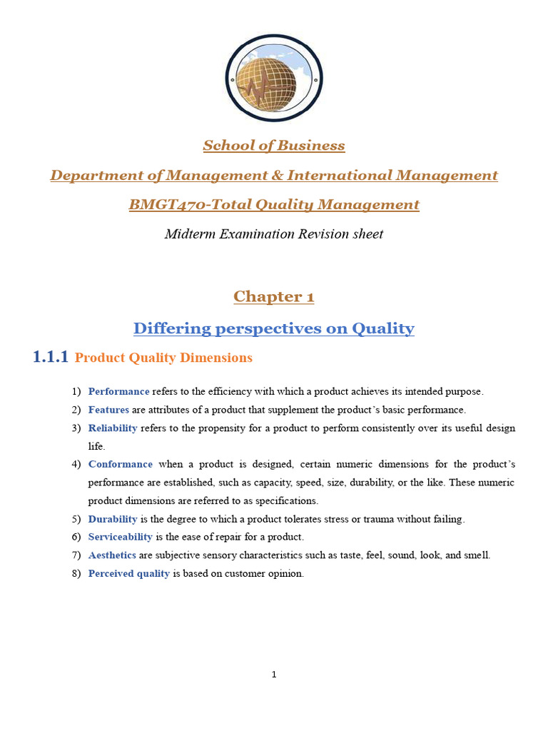 BMGT470 - Midterm Examination - Revision Sheet - Fall 2023 2024 | PDF | Lean Manufacturing ...