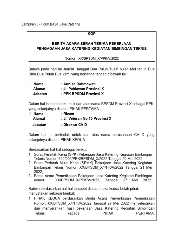 Lampiran 8 - Form BAST Jasa Katering - OK | PDF