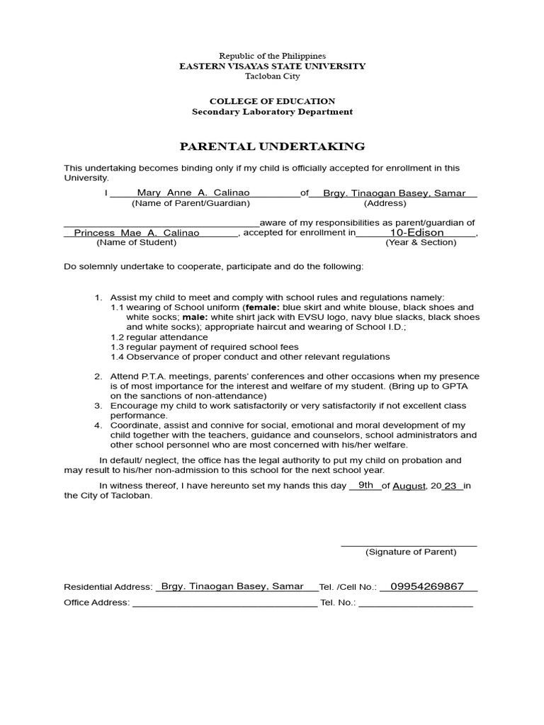 Parental Undertaking for Enrollment | PDF | Family | Childhood