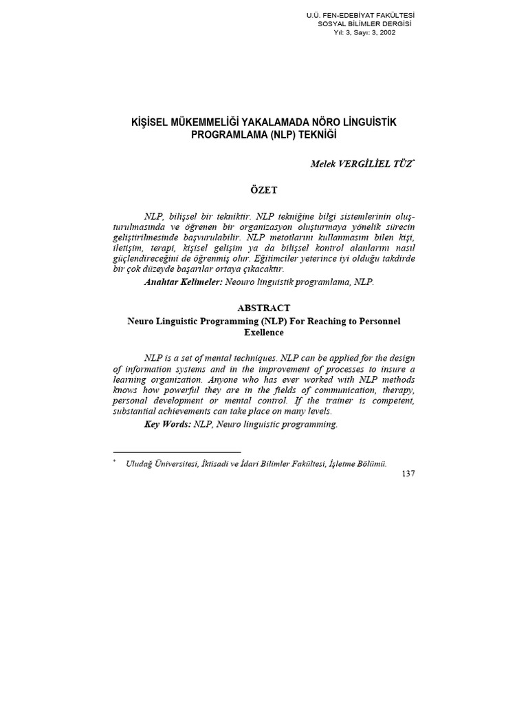 Ki Isel M Kemmeli I Yakalamada N Ro Linguistik Programlama (NLP) Tekni I (#246970) - 214784 | PDF