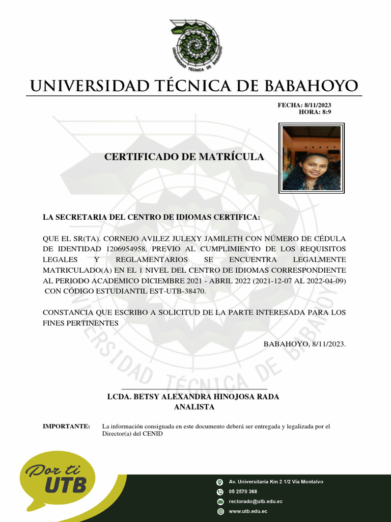 Certificado de Matrícula Centro de Idiomas | PDF