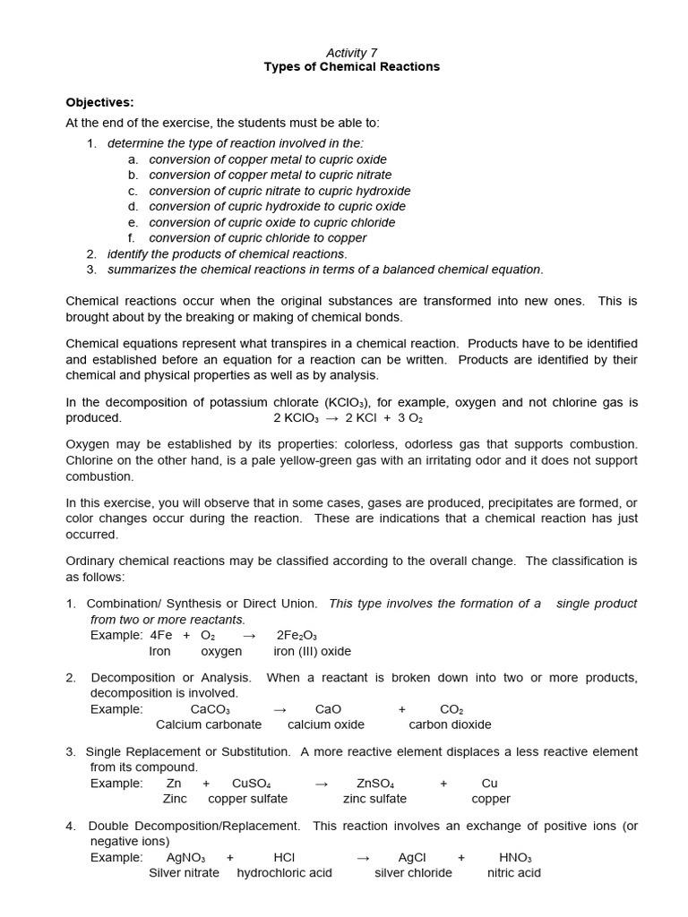 Activity 7 - Types of Chemical Reactions | PDF | Redox | Chemical Reactions