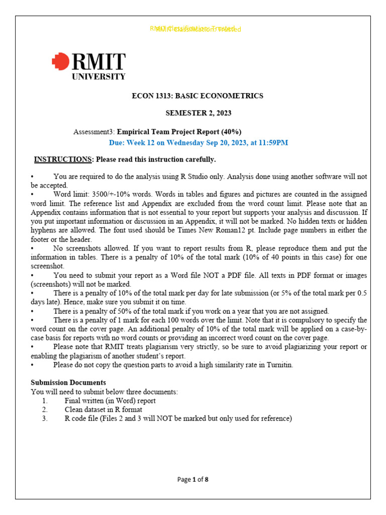 RMIT Basic Econometrics Project Guidelines | PDF | Multicollinearity ...