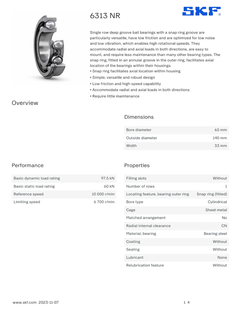 SKF 6313 NR Specification | PDF | Bearing (Mechanical) | Mechanical ...