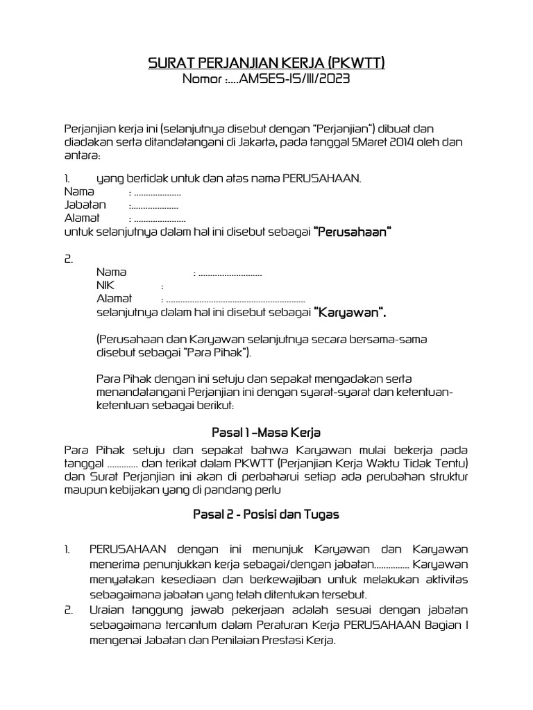 Surat Perjanjian Kerja Pkwtt Pdf