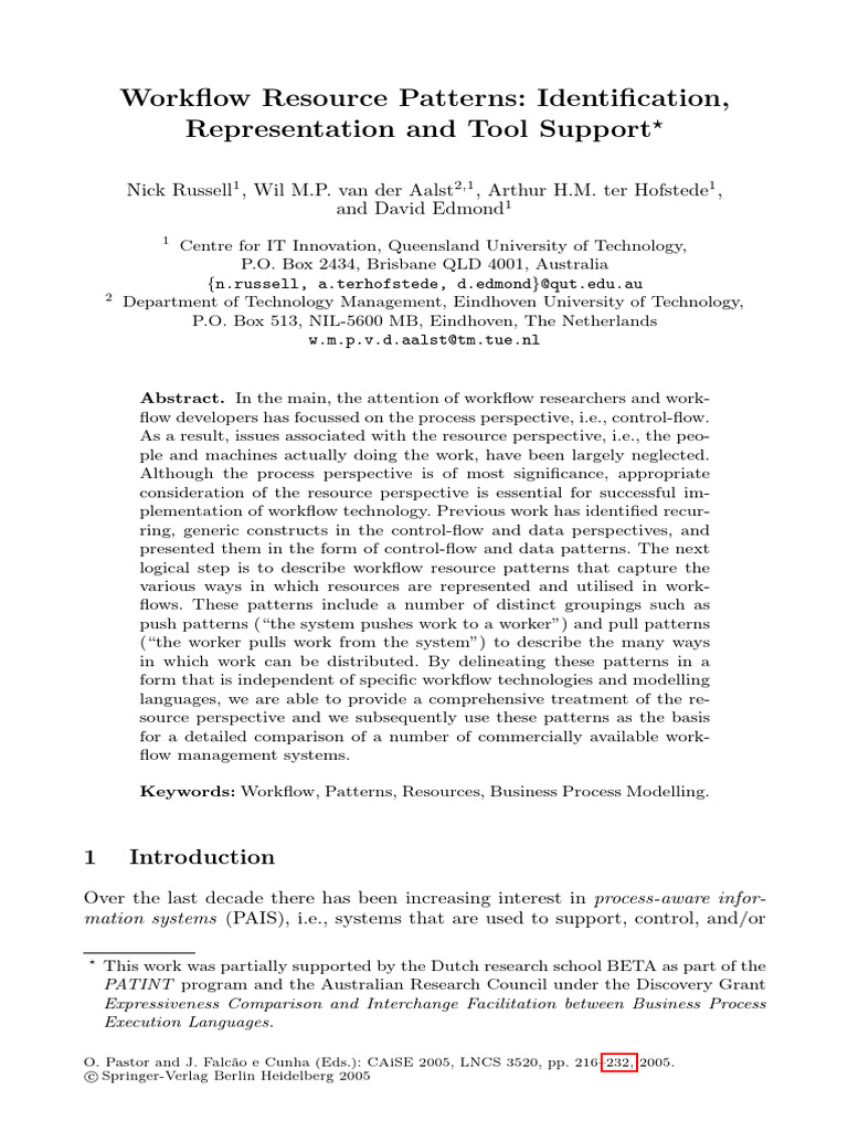 Workflow Resource Patterns: Identification, Representation and Tool Support | PDF | Workflow ...