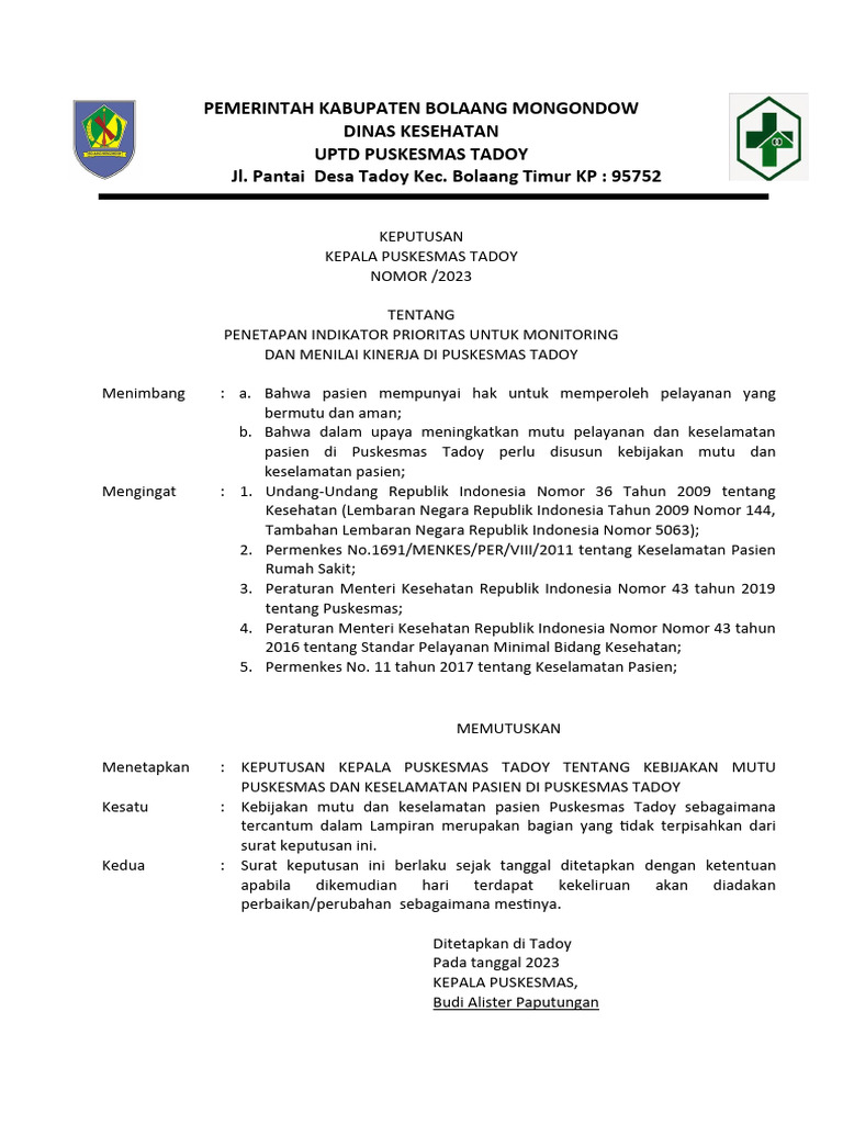 SK Indikator Mutu Dan Kinerja PKM | PDF