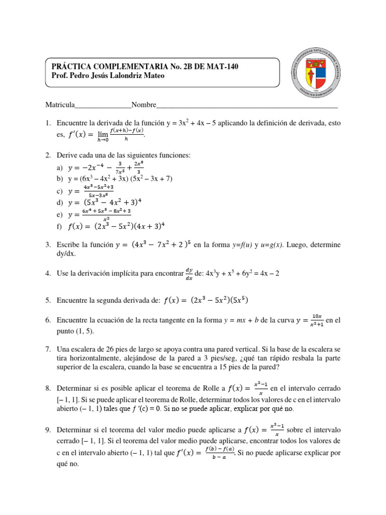 Práctica Complementaria Unidad 2B (Mat-140) 2023 | PDF | Derivado | Matemáticas