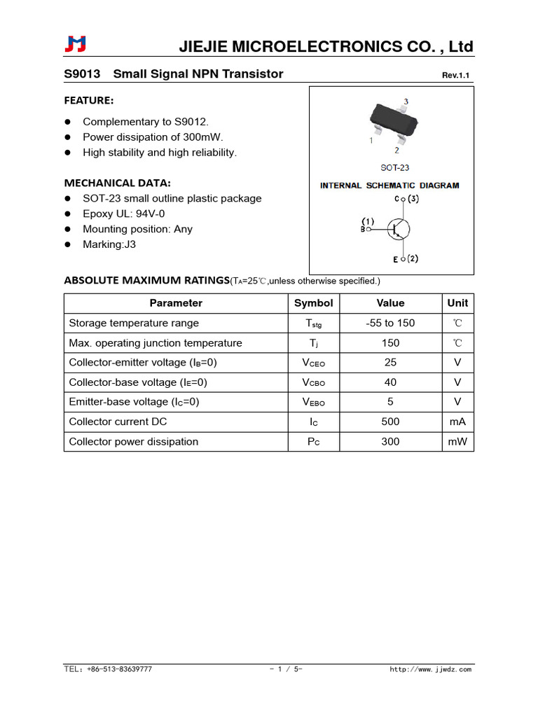 JieJie S9013 | PDF | Bipolar Junction Transistor | Physical Sciences