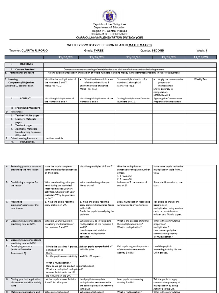DLL - Mathematics 3 - Q2 - W1 | PDF | Multiplication | Learning