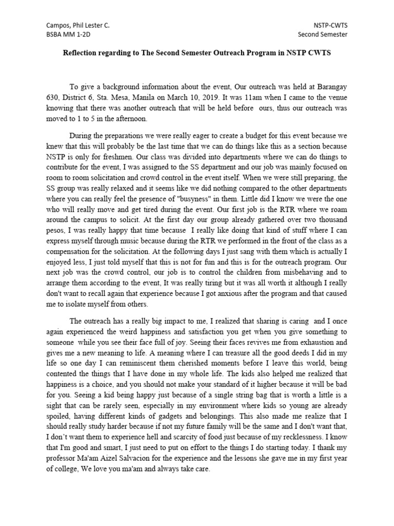 Reflection Regarding To The Second Semester Outreach Program in NSTP ...