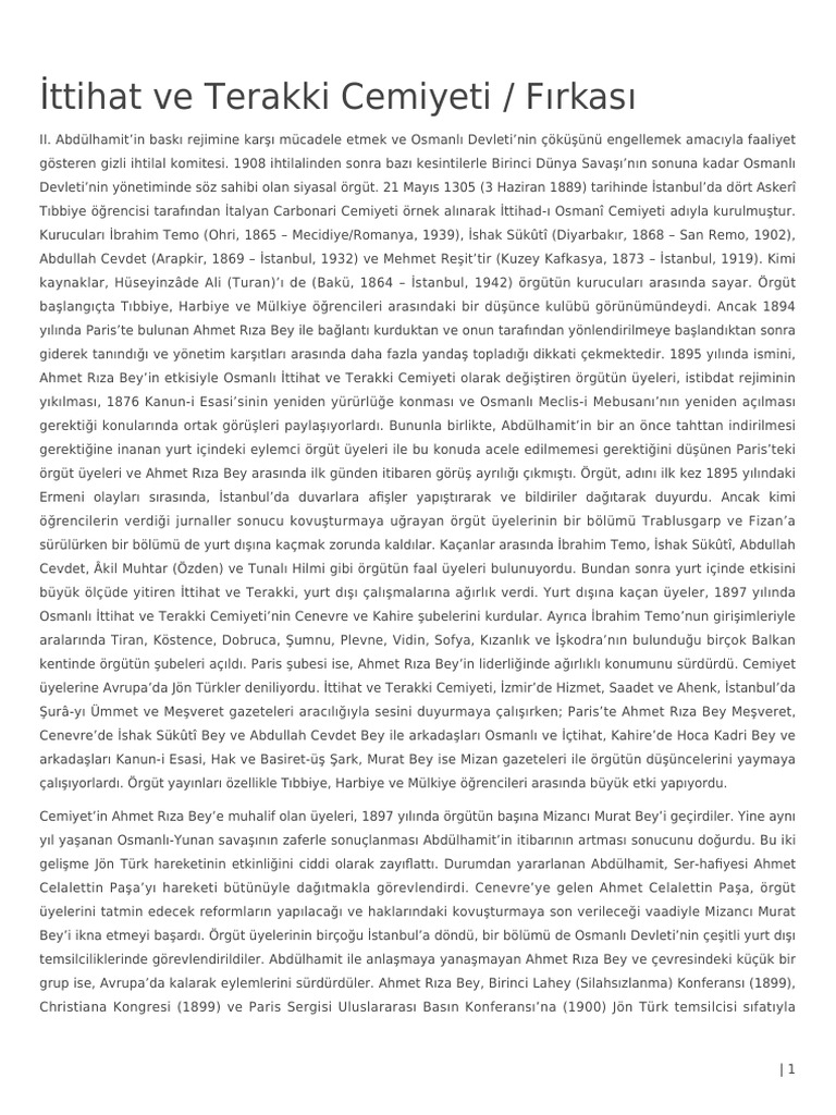 İttihat Ve Terakki Cemiyeti - Fırkası | PDF