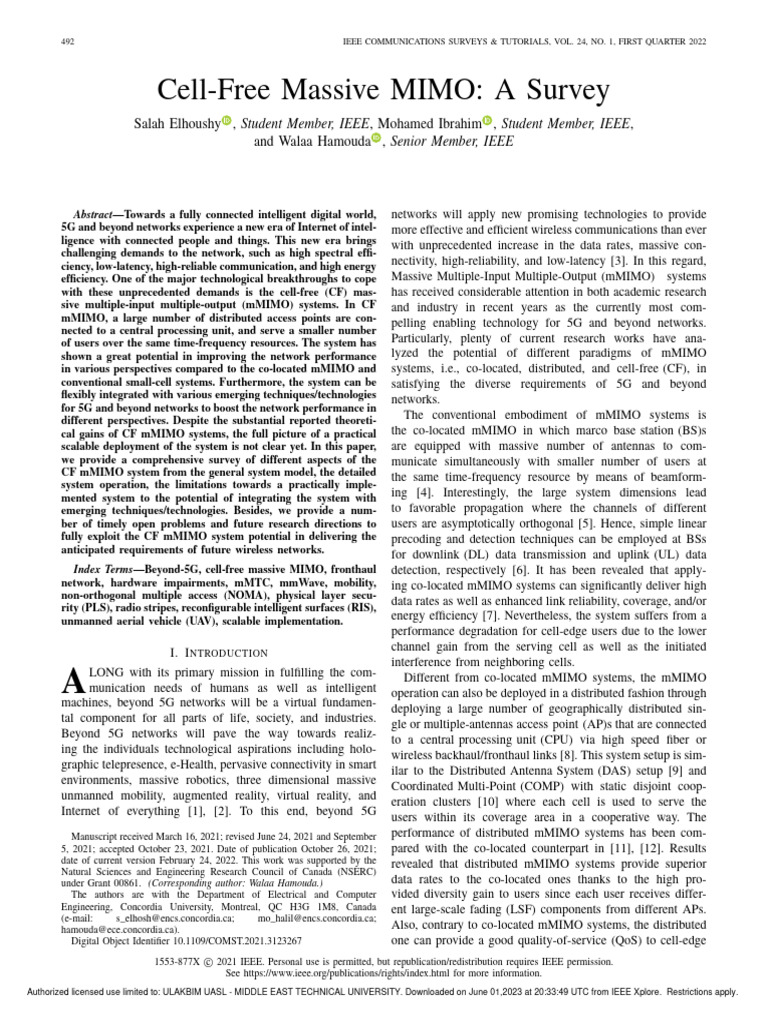 Cell-Free_Massive_MIMO_A_Survey | PDF | Mimo | Duplex (Telecommunications)