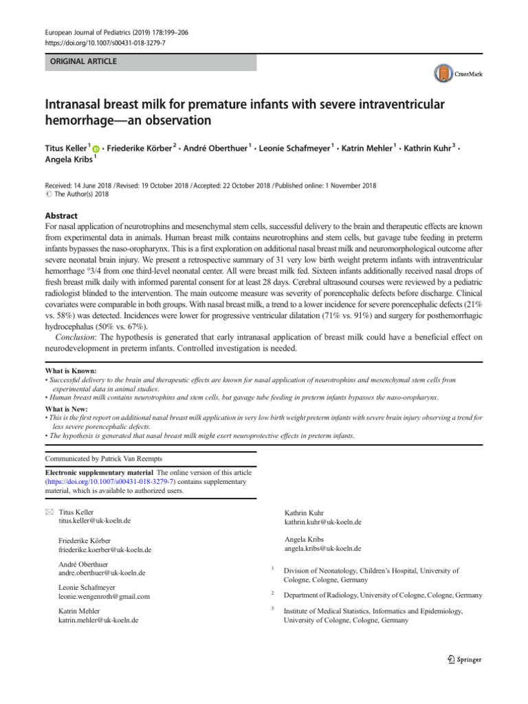 Intranasal Breast Milk For Premature Infants With Severe Intraventricular Hemorrhage-An ...