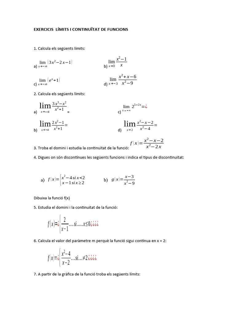 EXERCICIS LÍMITS I CONTINUÏTAT DE FUNCIONS (1) | PDF